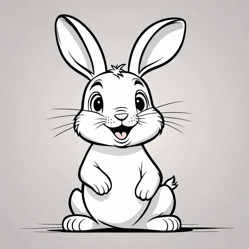 simple line drawing of cartoon Pixar style happy rabbit low detail ...