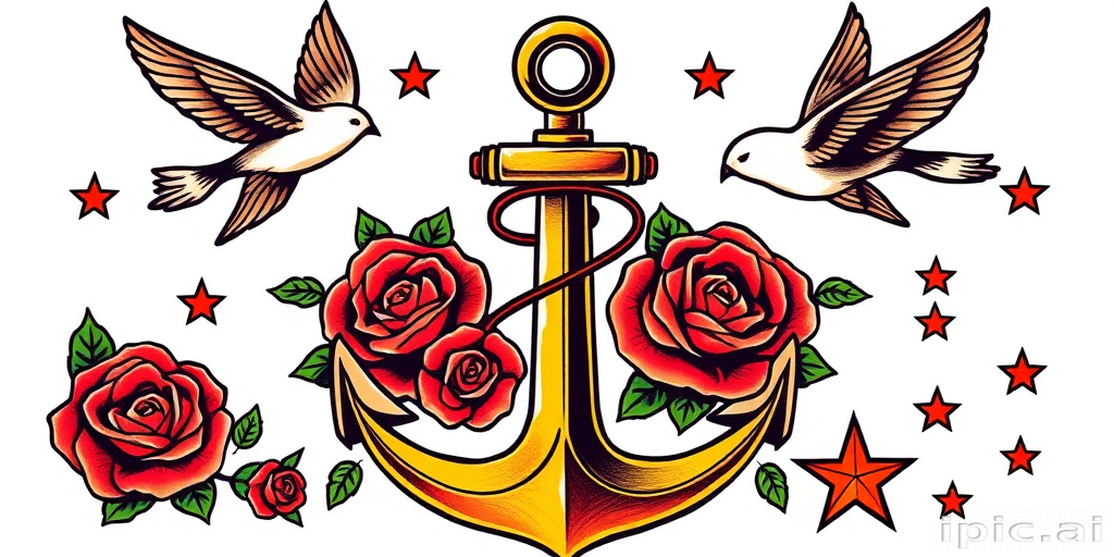 Colorful Traditional Tattoo Design Featuring an Anchor, Roses, and Swallows