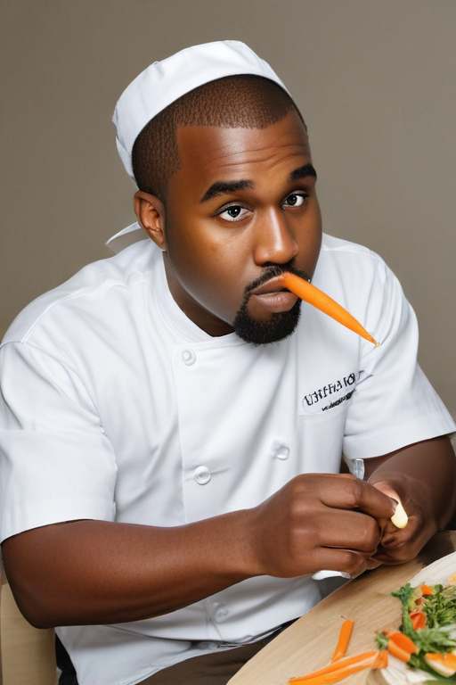 Kanye west eating a carrot in a chef outfit