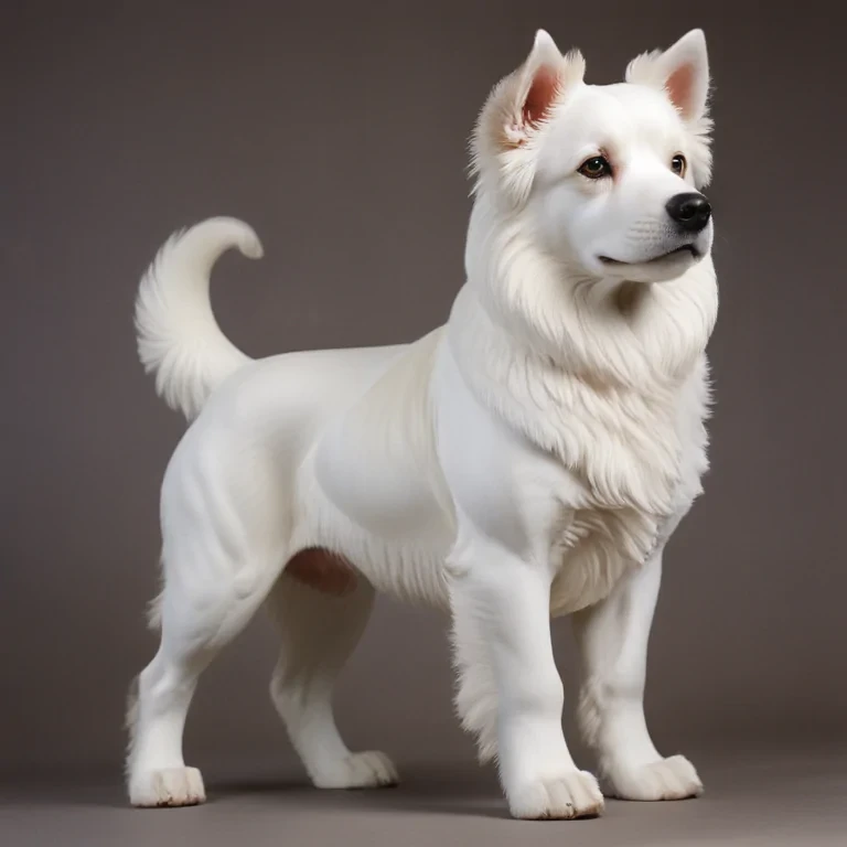 A Majestic White Dog Standing Proudly Against a Neutral Background.