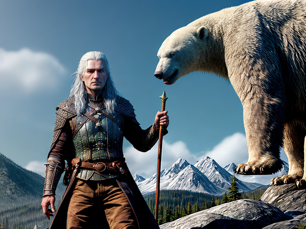 create a male wizard character, long white hair, with a staff in his ...