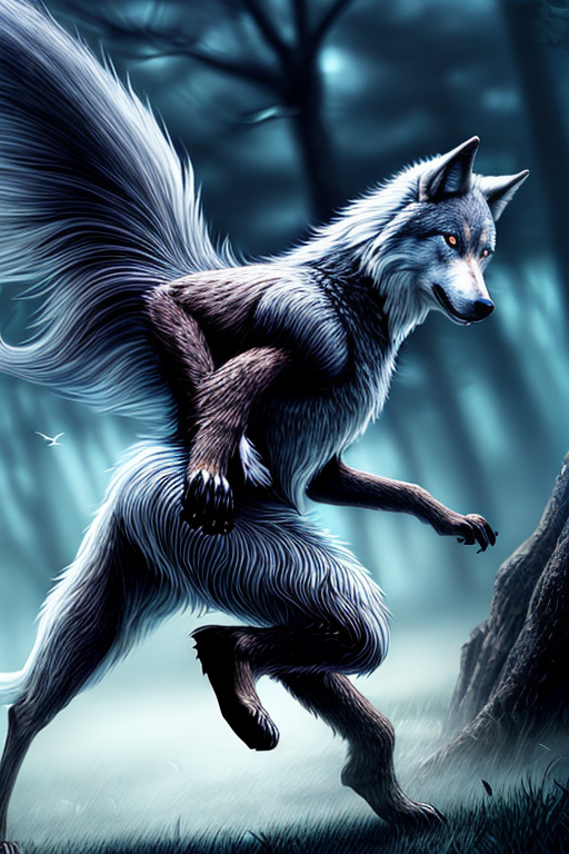 A wolf chasing a girl (fantasy scene)