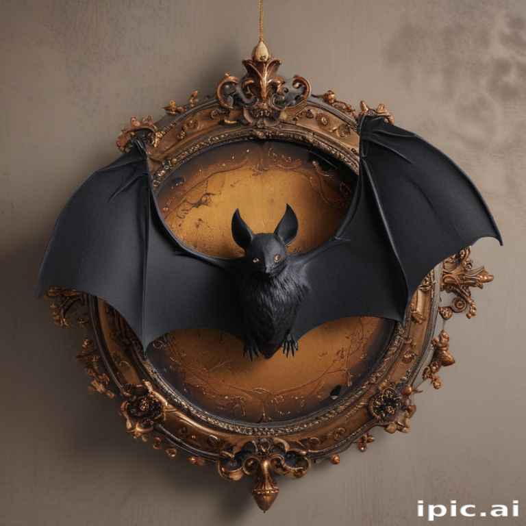 Elegant Black Bat Mounted on Ornate Vintage Frame for Home Decor