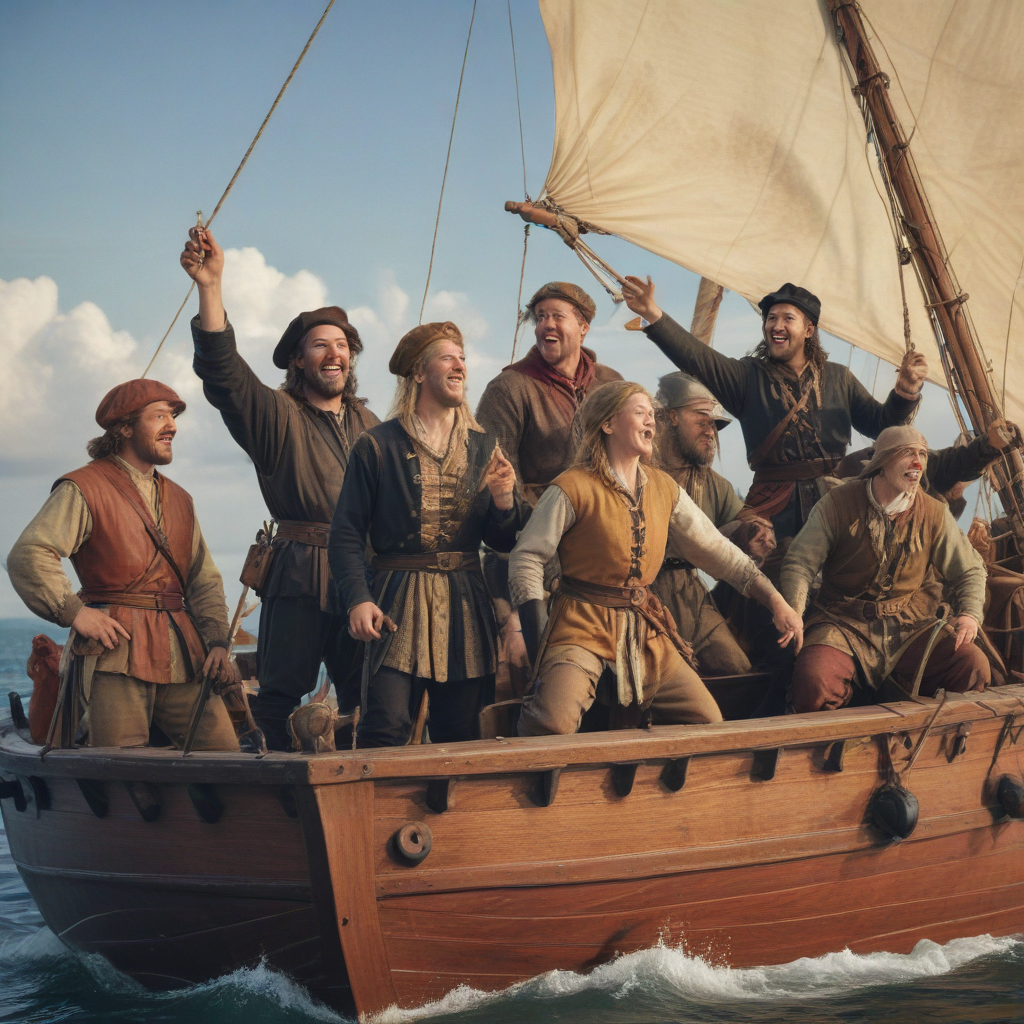 A crew of explorers of the new world. Medieval end early modern age ...