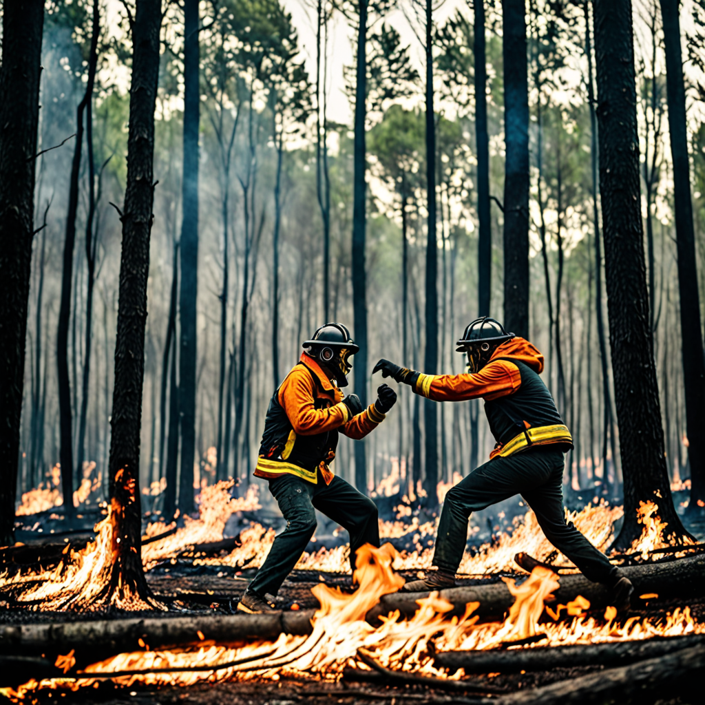 Two men fighting in the middle of forest on fire