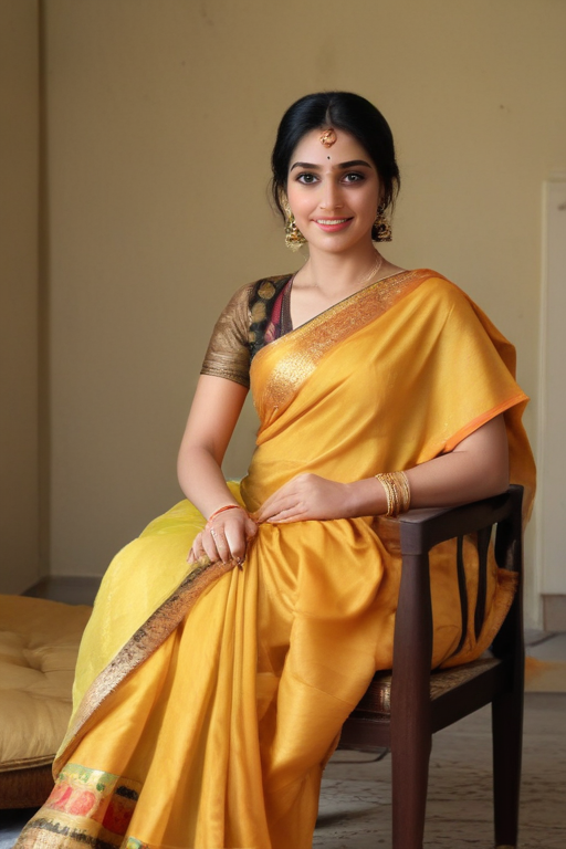 Women is sitting in the chair with yellow saree