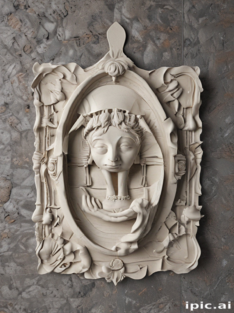 Intricate Wall Sculpture Featuring a Serene Figure in a Decorative Frame