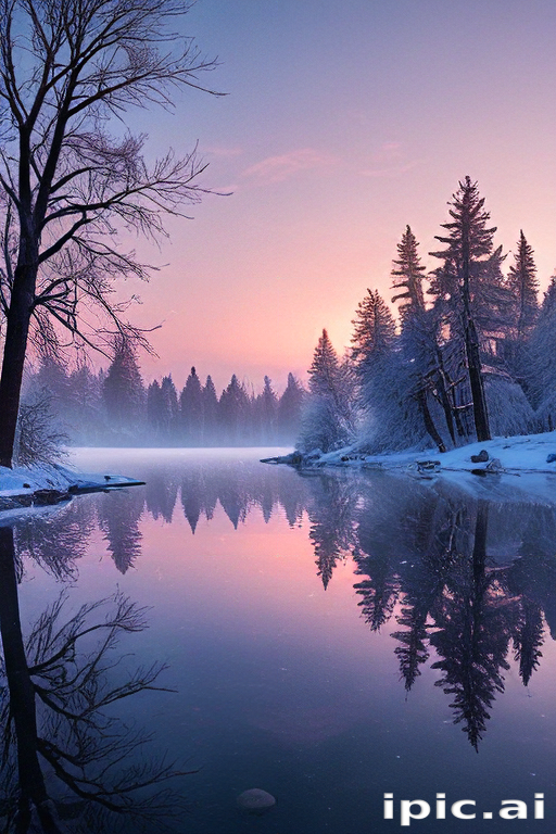 Tranquil Winter Morning Reflections Over a Serene Frozen Lake Landscape