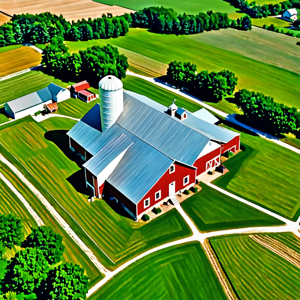 farm, birds eye view, barn, house, open area, silo, house