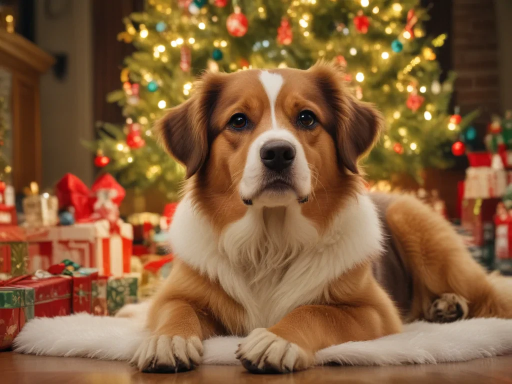 A Festive Dog Posing Proudly in Front of a Christmas Tree.