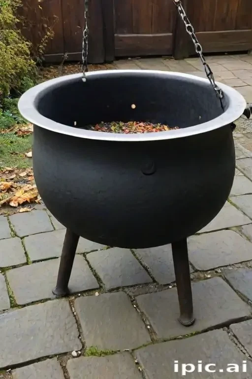 A Large Black Cauldron Suspended by Chains in a Garden Setting