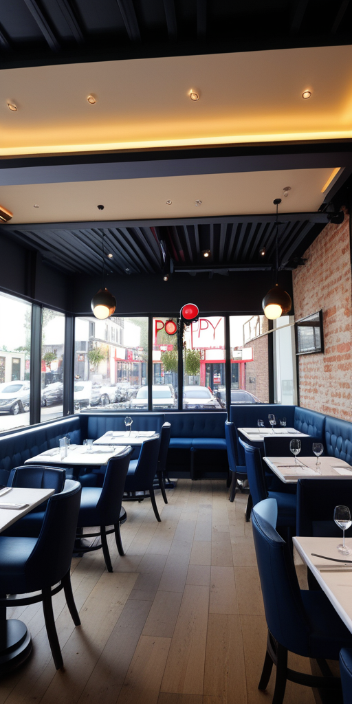 Modern Restaurant Interior Featuring Elegant Blue Seating and ...