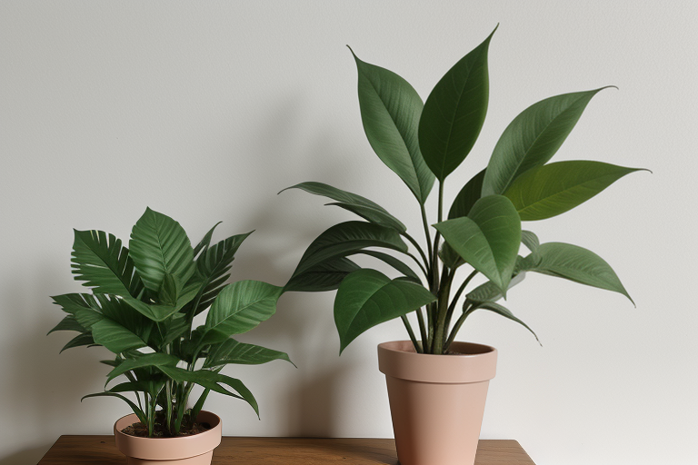 Two Lush Green Potted Plants Displayed on a Wooden Table Against a ...