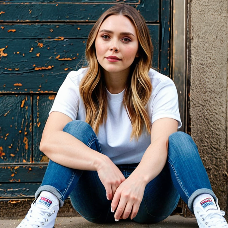 Mcu Elizabeth Olsen Wanda Maximoff Sitting in White Shirt, Dark Blue ...