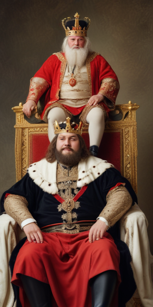 two people, one is a paunchy man standing on the side of the throne ...