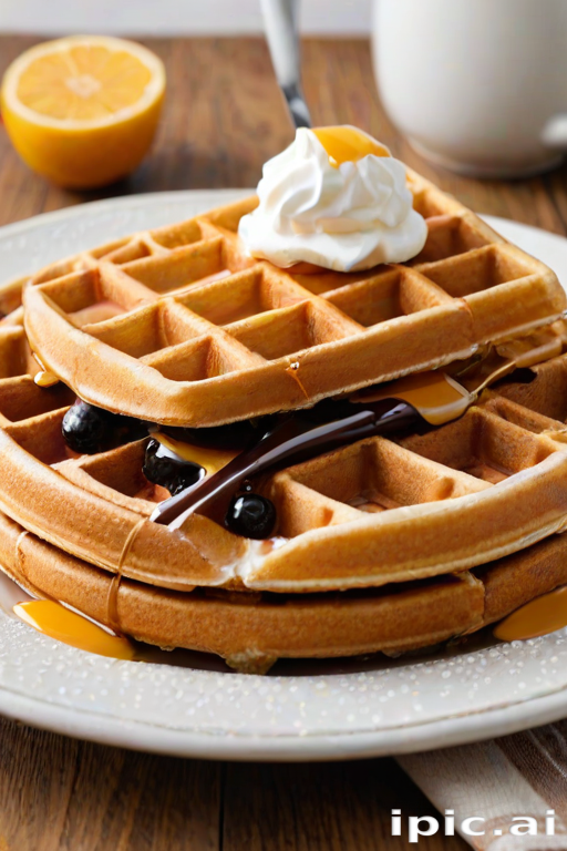 Delicious Stack of Waffles Topped with Whipped Cream, Blueberries, and ...