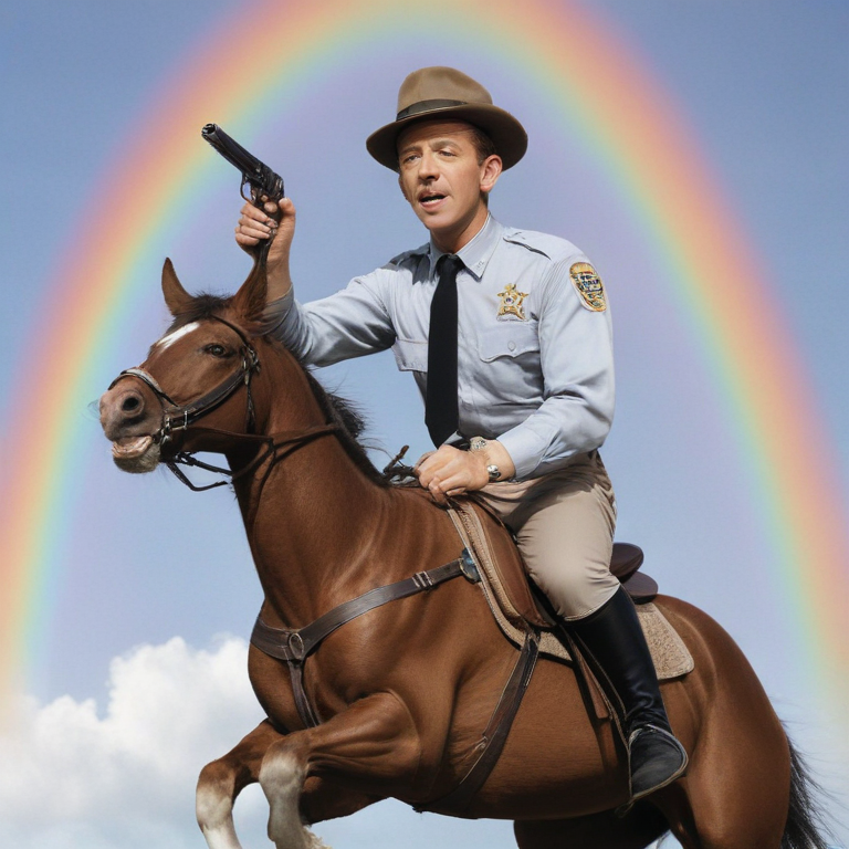 Barney Fife riding on revolver over rainbow