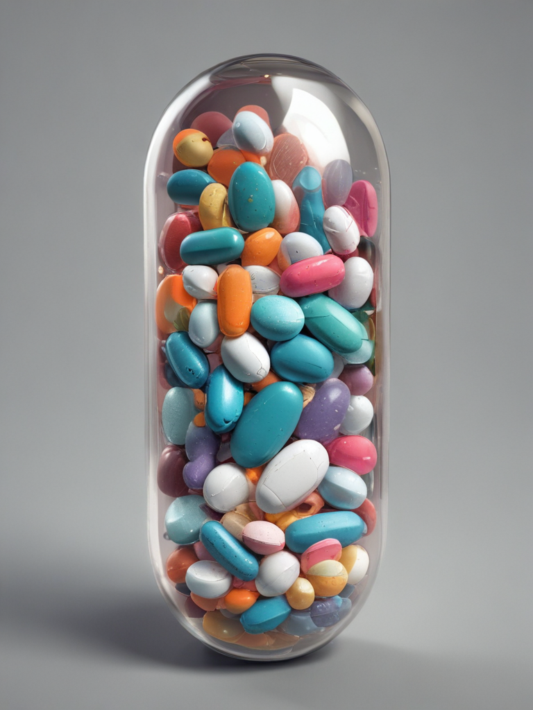 A Colorful Capsule Filled with Assorted Candy-Like Pills and Tablets