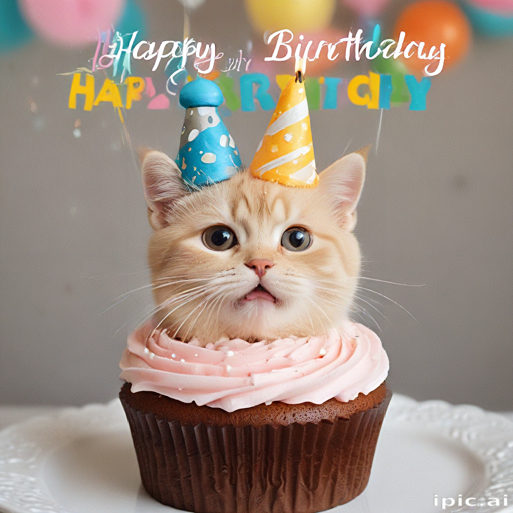 Adorable Birthday Cat Celebrates with Colorful Party Hat and Cupcake