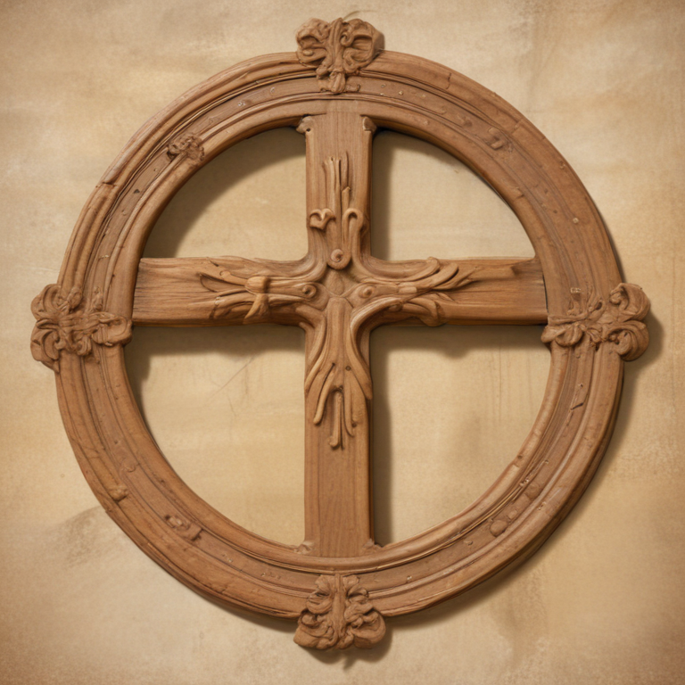 Ornate Wooden Cross Surrounded by Decorative Oval Frame on Wall