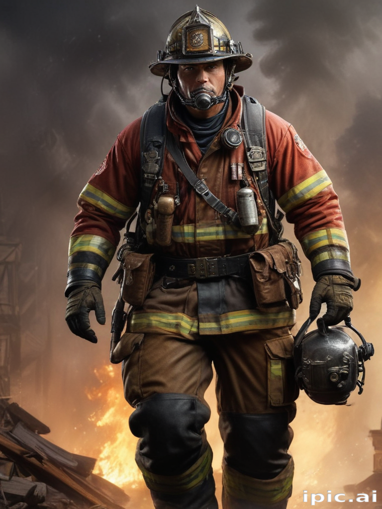 Brave Firefighter in Full Gear Facing Flames and Destruction Ahead