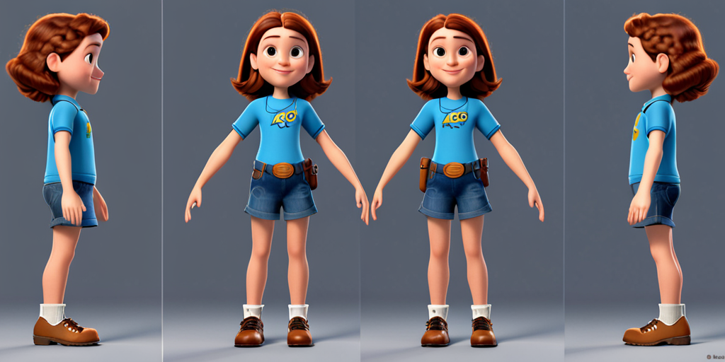 3d character in the art of pixar full body view front angle and side angle