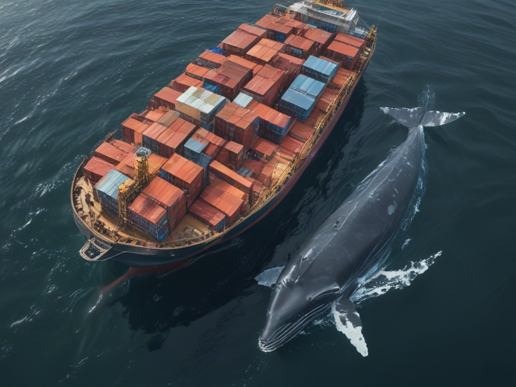 realistic very very giant whale, whale as big as a ship, swimming side ...
