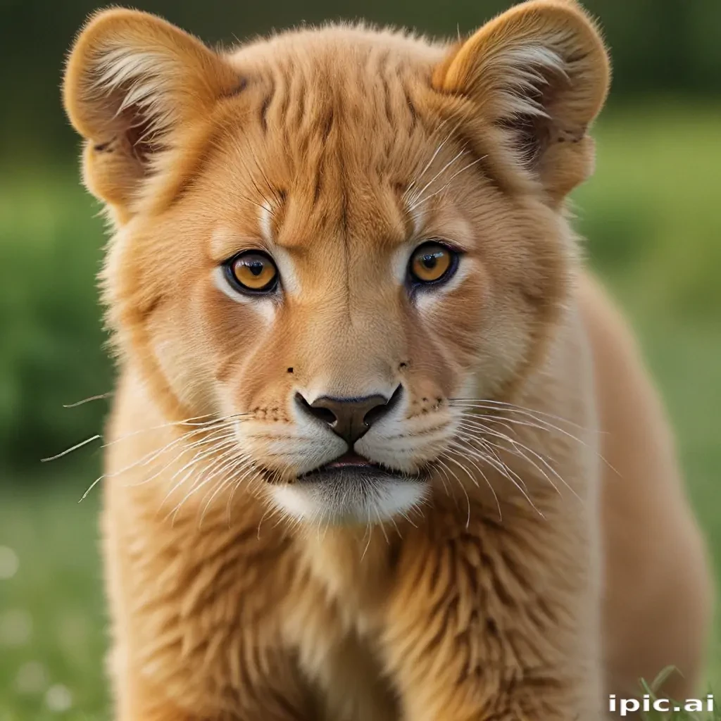 A Majestic Young Lion Cub Strolling Through a Lush Green Field