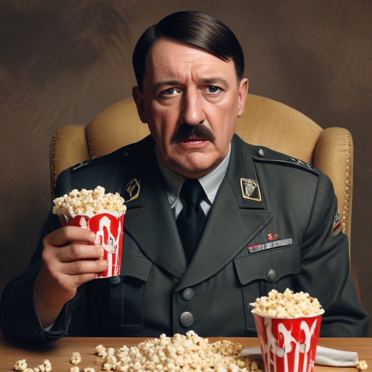 realistic adolf hitler eating popcorn watching mickey mouse movie