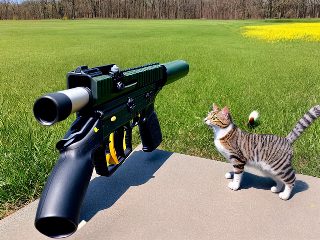 Cat pointing gun at a yellow bird