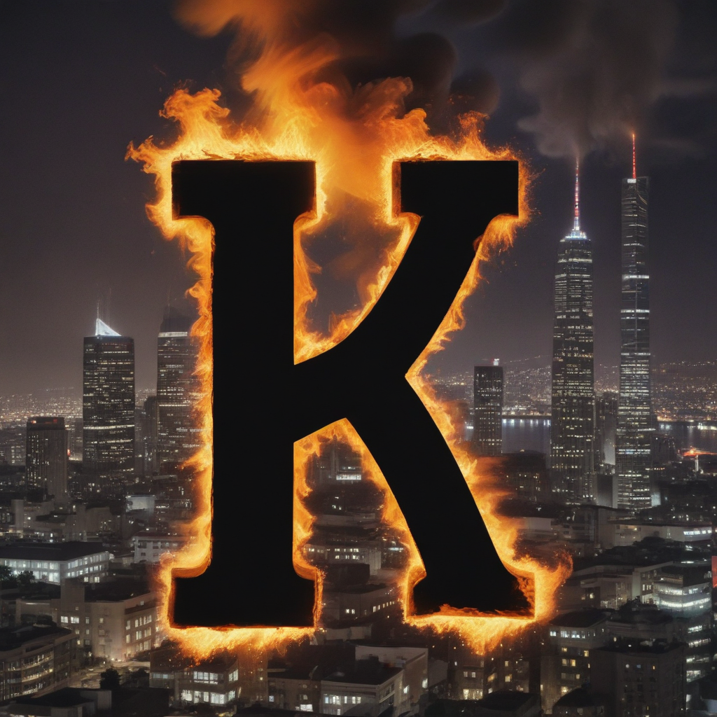 The letter K on fire with the city on fire in the background
