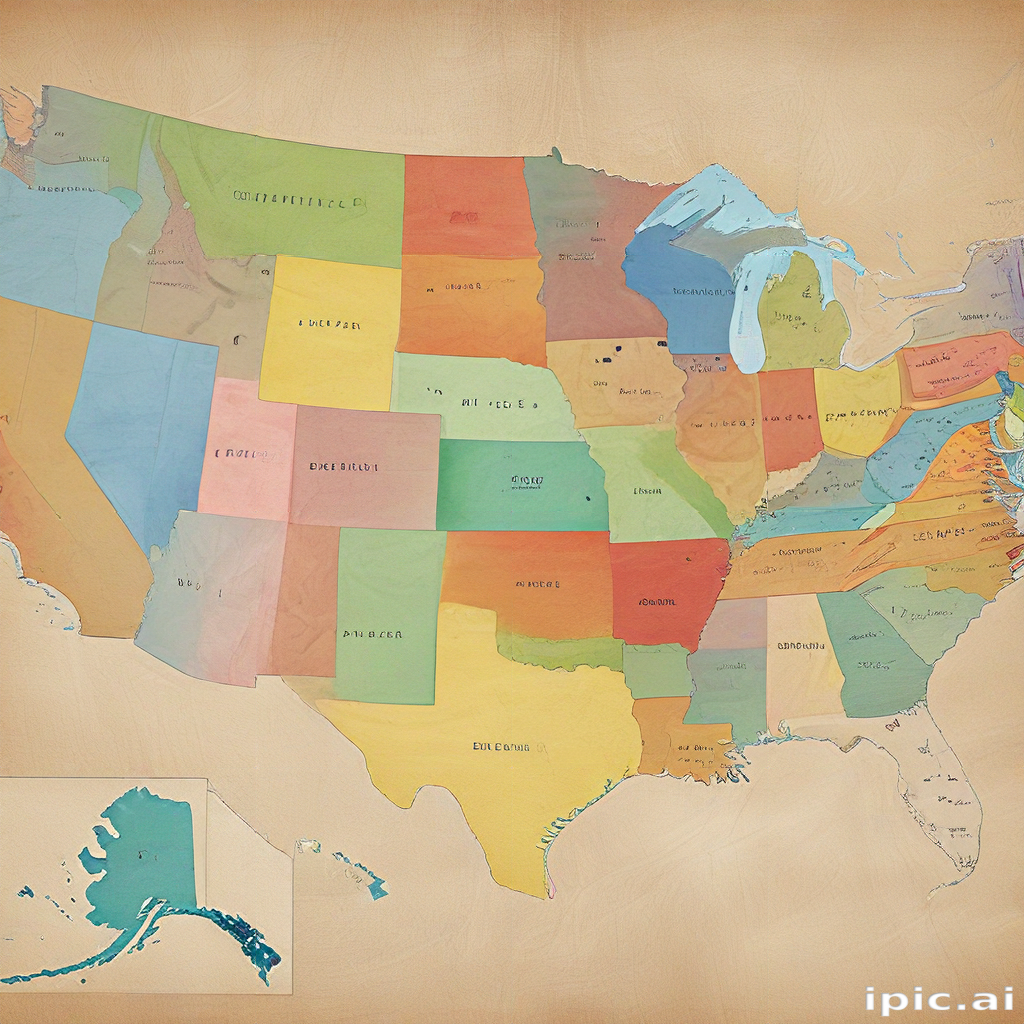 Colorful Illustrated Map of the United States Featuring Each State's Name