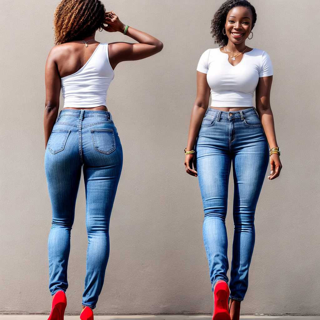 thin african female in jeans thin waist looking back smiling