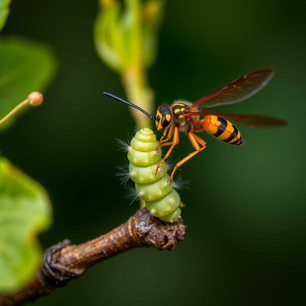 A Close-Up of a Colorful Wasp Interacting with a Green Caterpillar.
