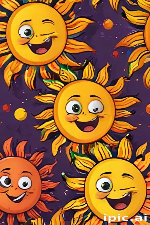 Cheerful Cartoon Suns with Smiling Faces Against a Colorful Background