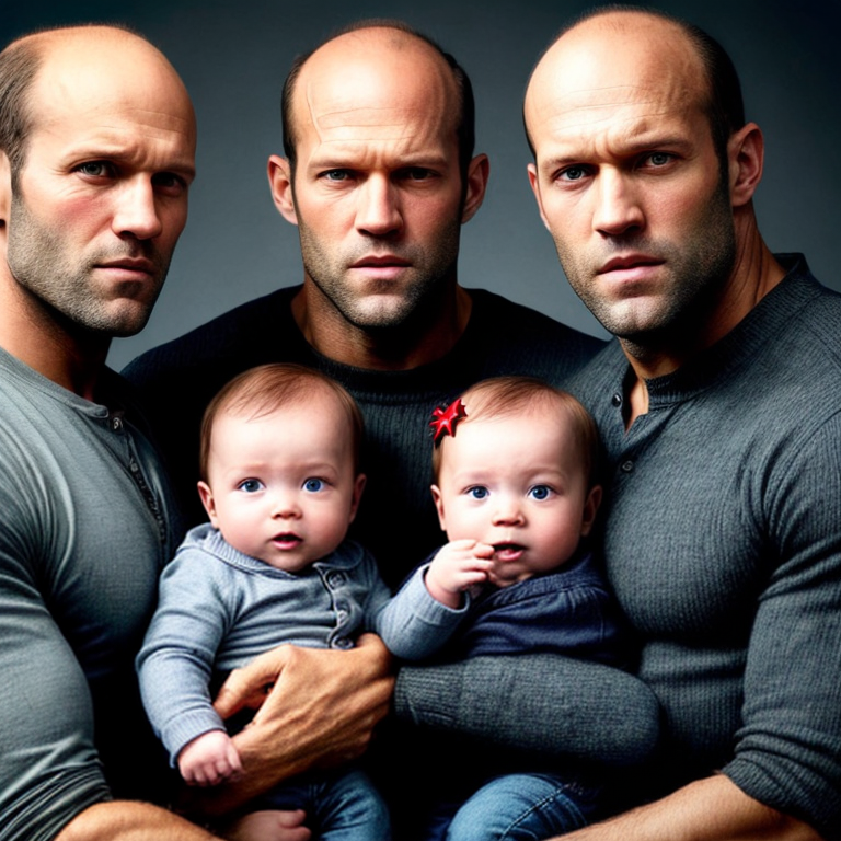 Baby with exact Jason Statham face and two men all with faces of Jason ...
