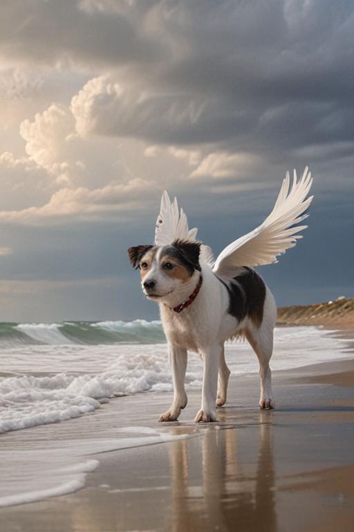dog with wings over the sea