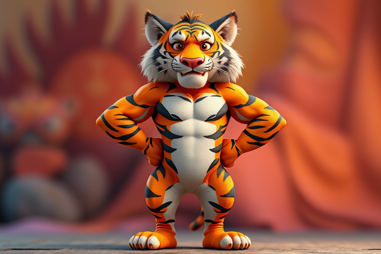 Regenerate a muscular cartoon tiger character standing confidently with ...