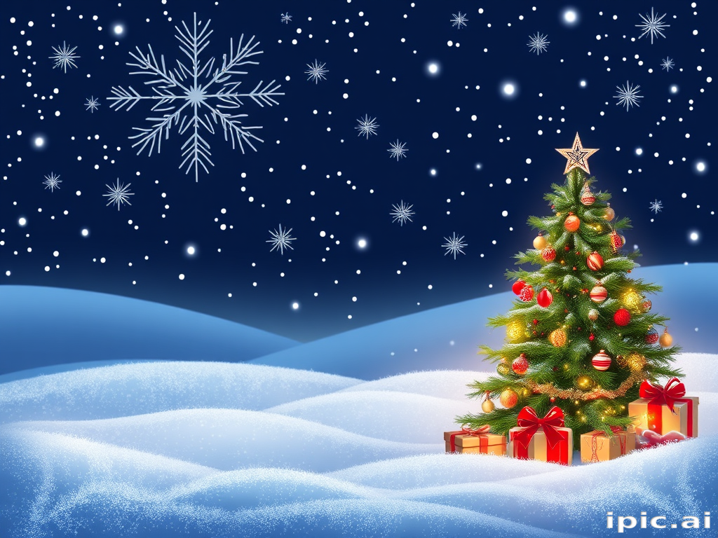Joyful Christmas Scene Featuring a Decorated Tree and Snowy Landscape