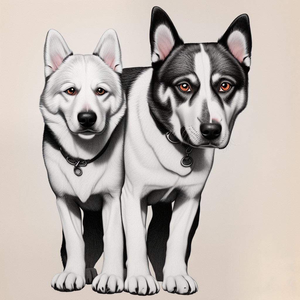 Two Adorable Dogs Standing Together with Unique Black and White Fur