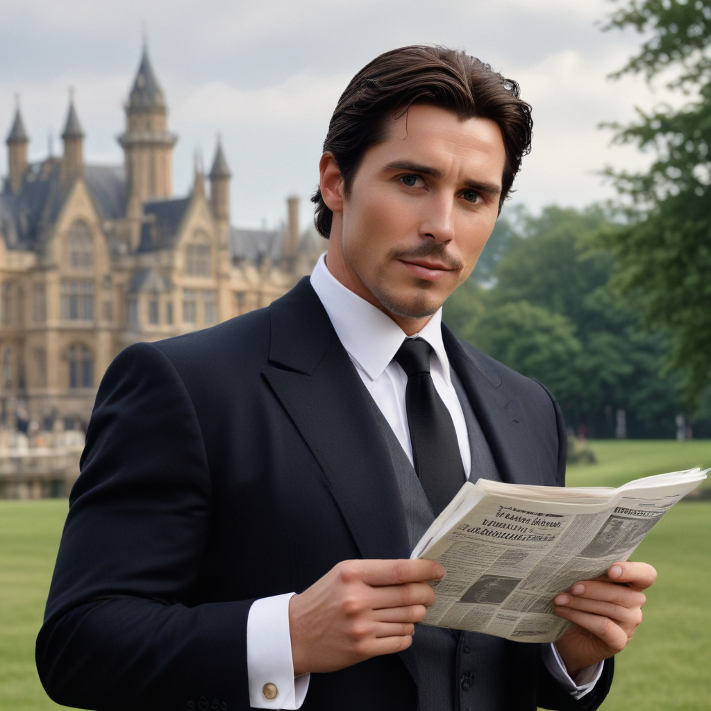 Christian Bale as bruce wayne in tuxedo, muscle, with a newspaper and ...