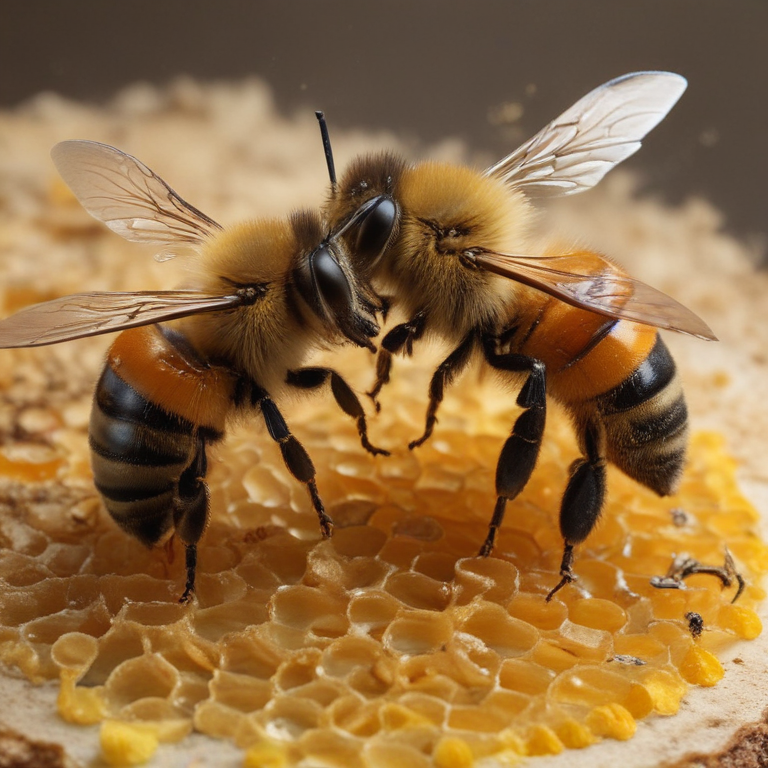 Two Honey Bees Engaged in a Delicate Dance on Honeycomb Surface