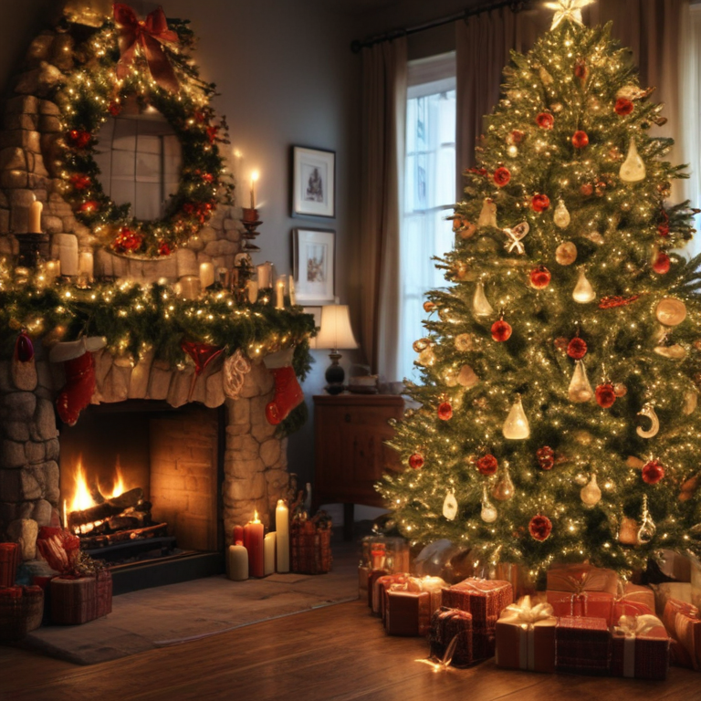 A Cozy Holiday Scene Featuring a Beautifully Decorated Christmas Tree ...