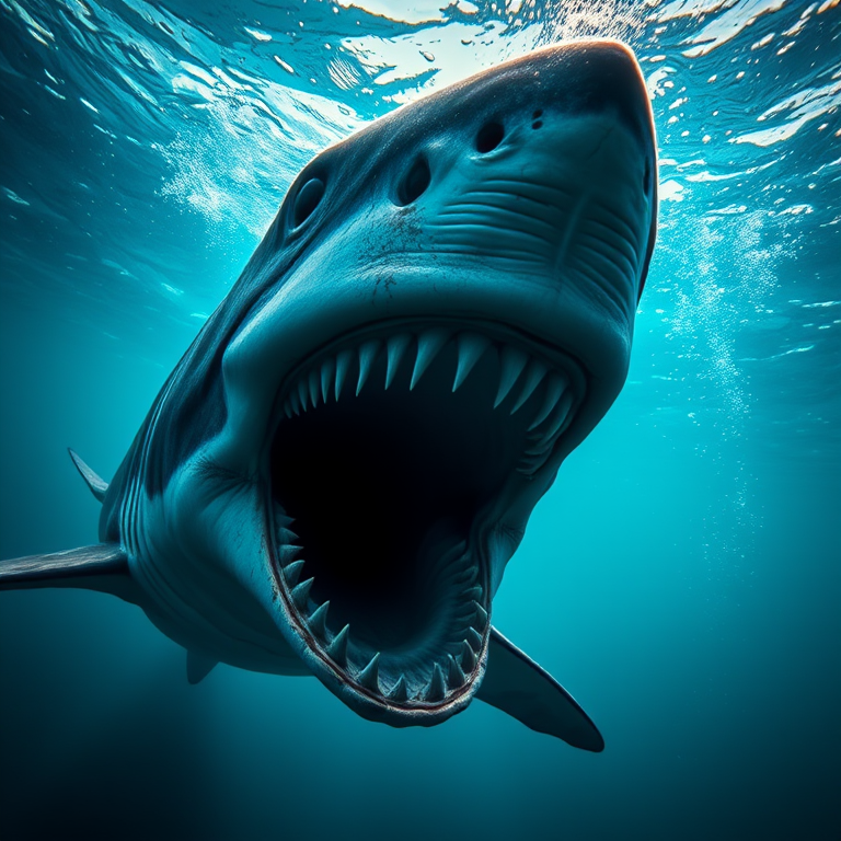 A Majestic Shark Swimming Gracefully with Its Mouth Wide Open Underwater.
