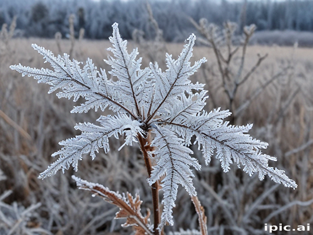 Intricate Frost Patterns Adorning Delicate Leaves in Winter Landscape