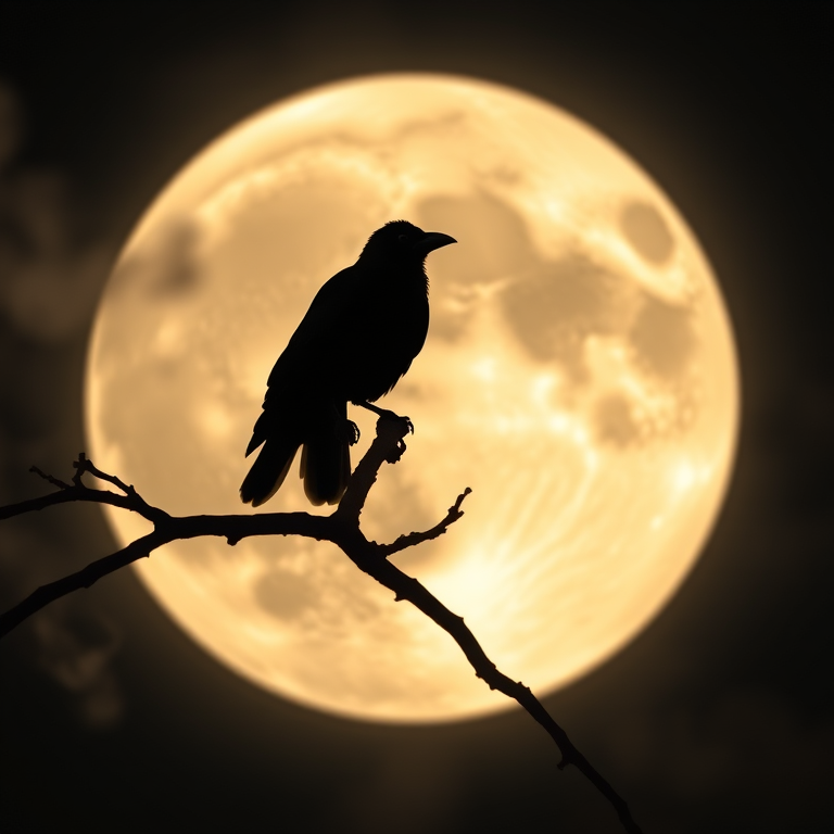 A Mysterious Crow Silhouetted Against a Glowing Full Moon Night Sky