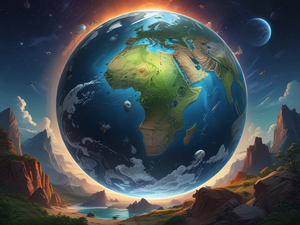 Vibrant Planet Earth Surrounded by Celestial Bodies and Majestic Landscapes