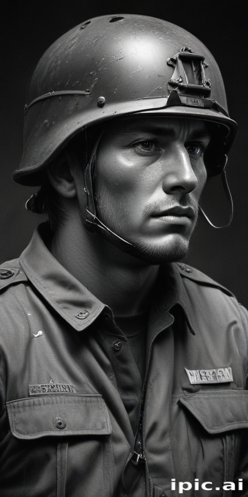 Determined Soldier in Uniform with Helmet Reflecting Courage and Resilience