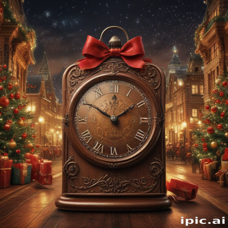 Festive Clock Displaying Time Amidst a Charming Christmas Market Scene