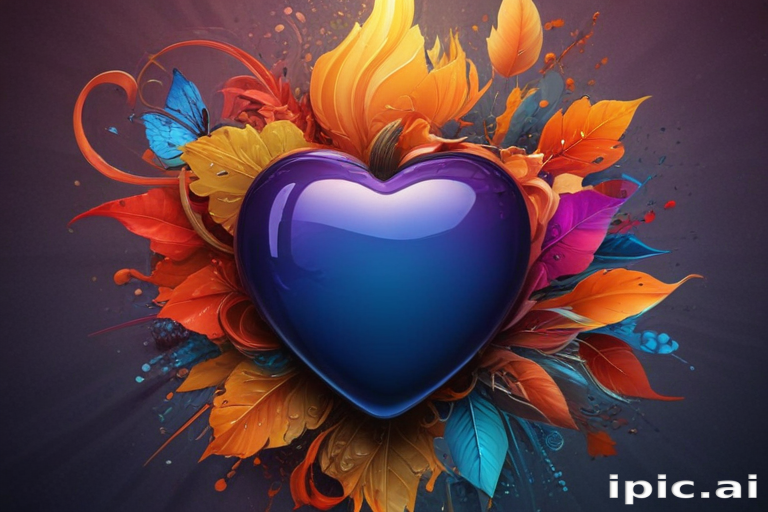 Vibrant Floral Design Featuring a Glossy Purple Heart Surrounded by ...